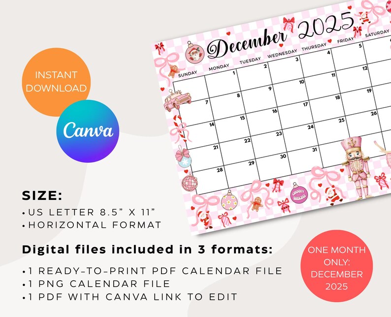Editable December 2025 Calendar Christmas Planner Pink Bows Girly ...