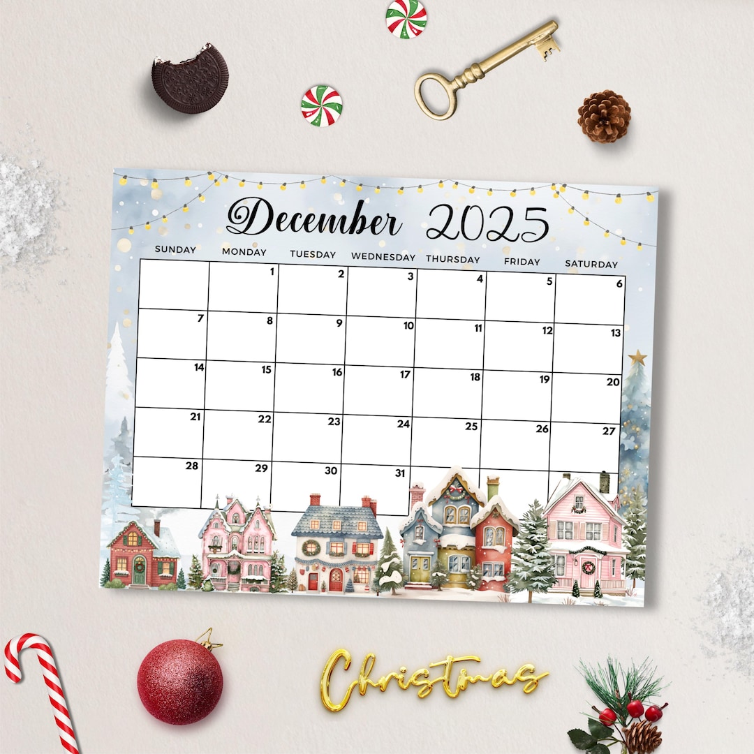 Editable December 2025 Calendar Christmas Winter Village Houses Planner ...