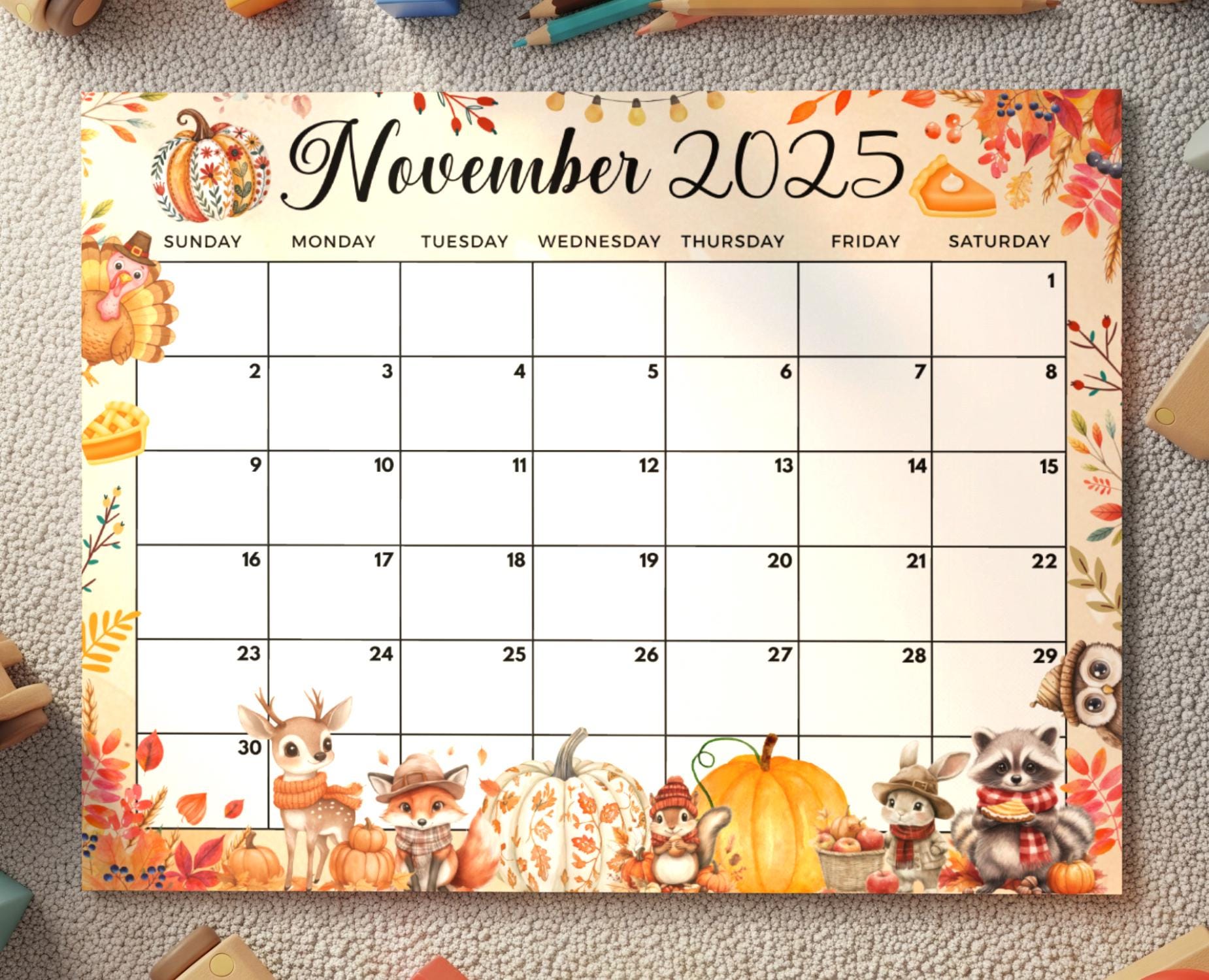 Editable November 2025 Calendar Thanksgiving Planner Autumn Monthly ...