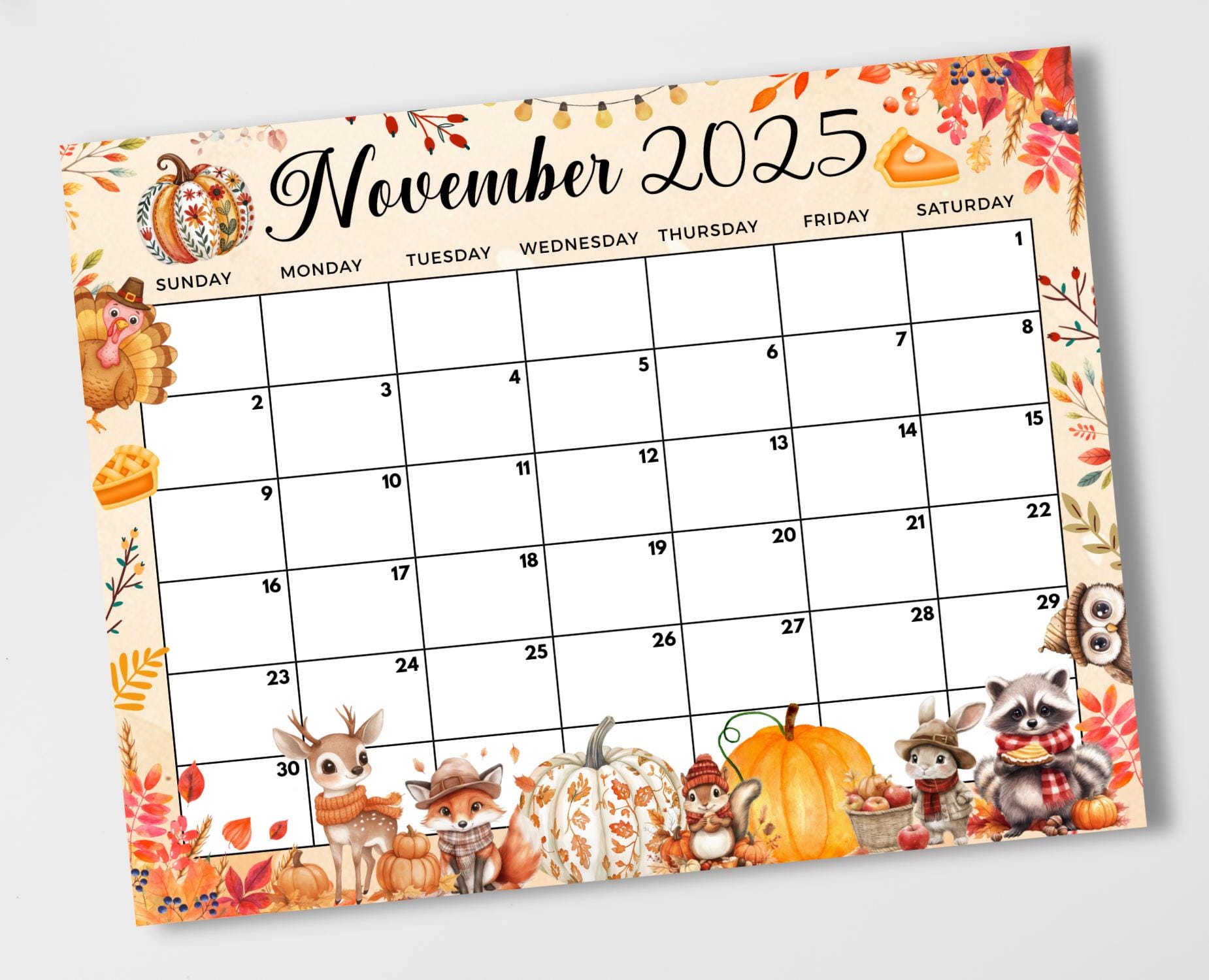 Editable November 2025 Calendar Thanksgiving Planner Autumn Monthly ...
