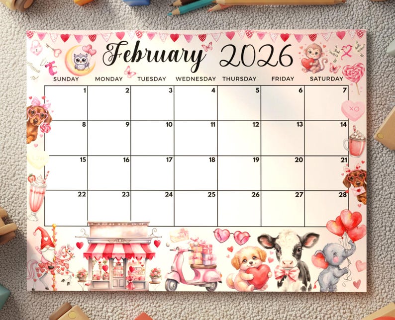 Editable February 2026 Calendar Pink Valentines Day Planner Monthly ...