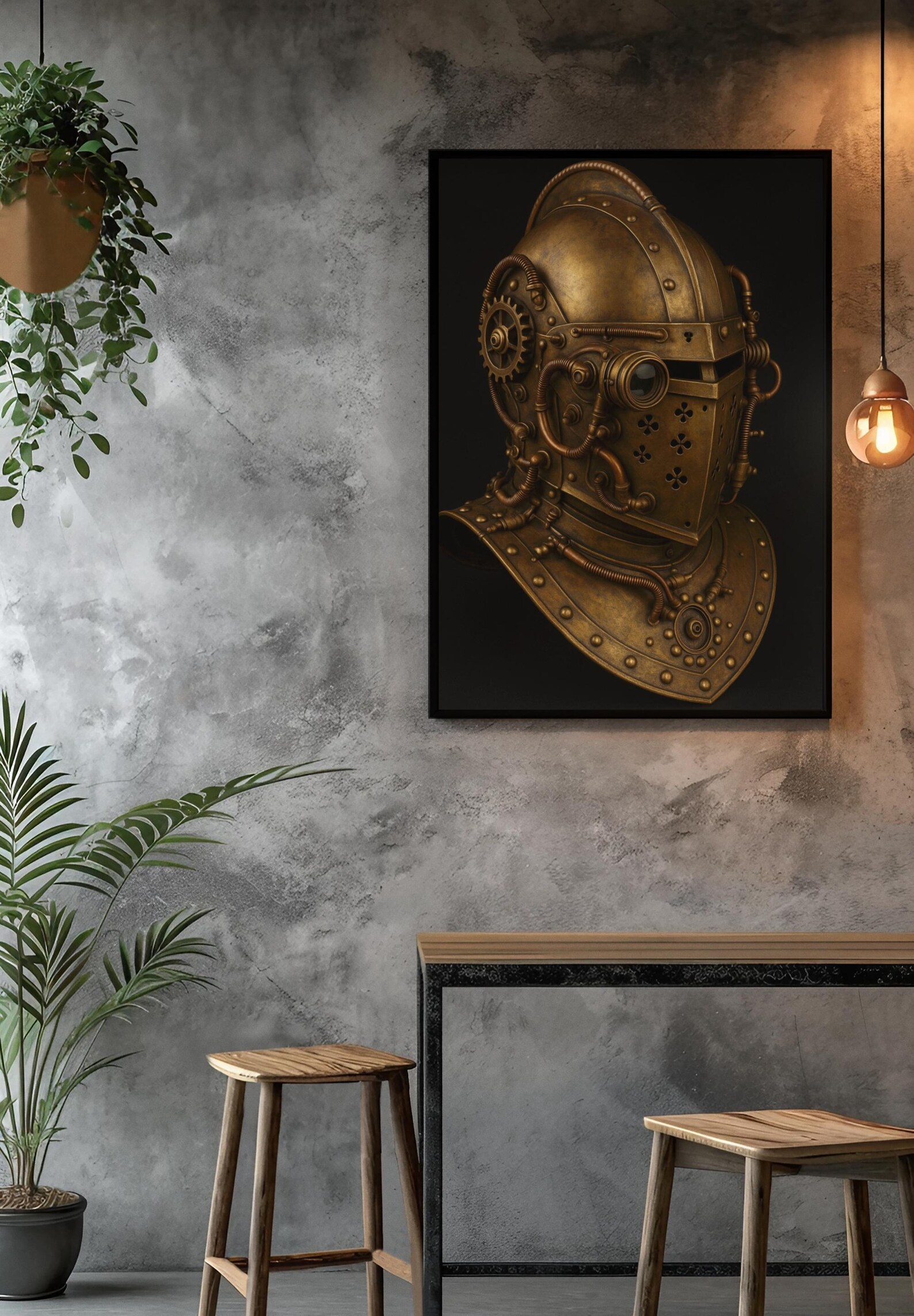 Steampunk Knight Helmet Art Print – Brass Fantasy Armor With Gears ...