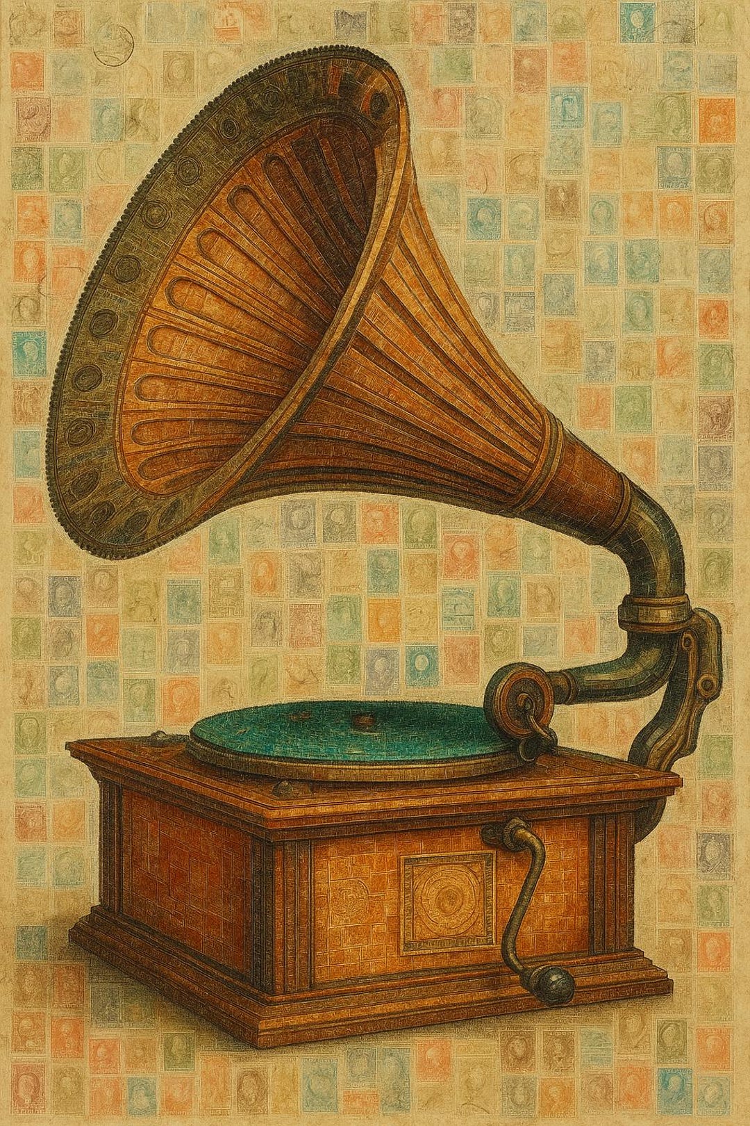 Printable Vintage Gramophone Art, Stamp Collage Phonograph Wall Decor ...