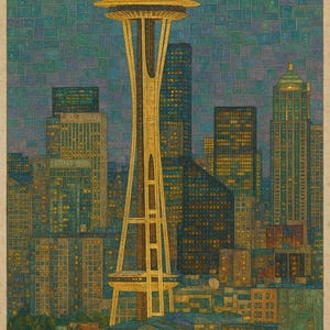 Printable Seattle Skyline Art, Space Needle Stamp Mosaic Wall Decor ...