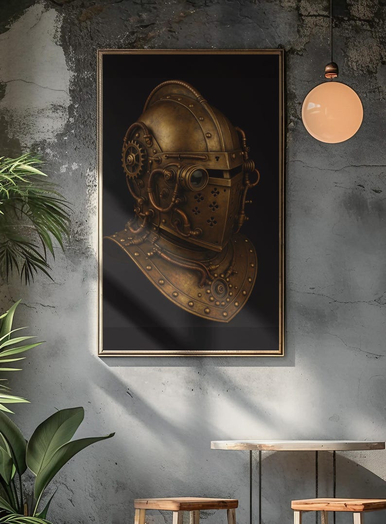 Steampunk Knight Helmet Art Print – Brass Fantasy Armor With Gears ...