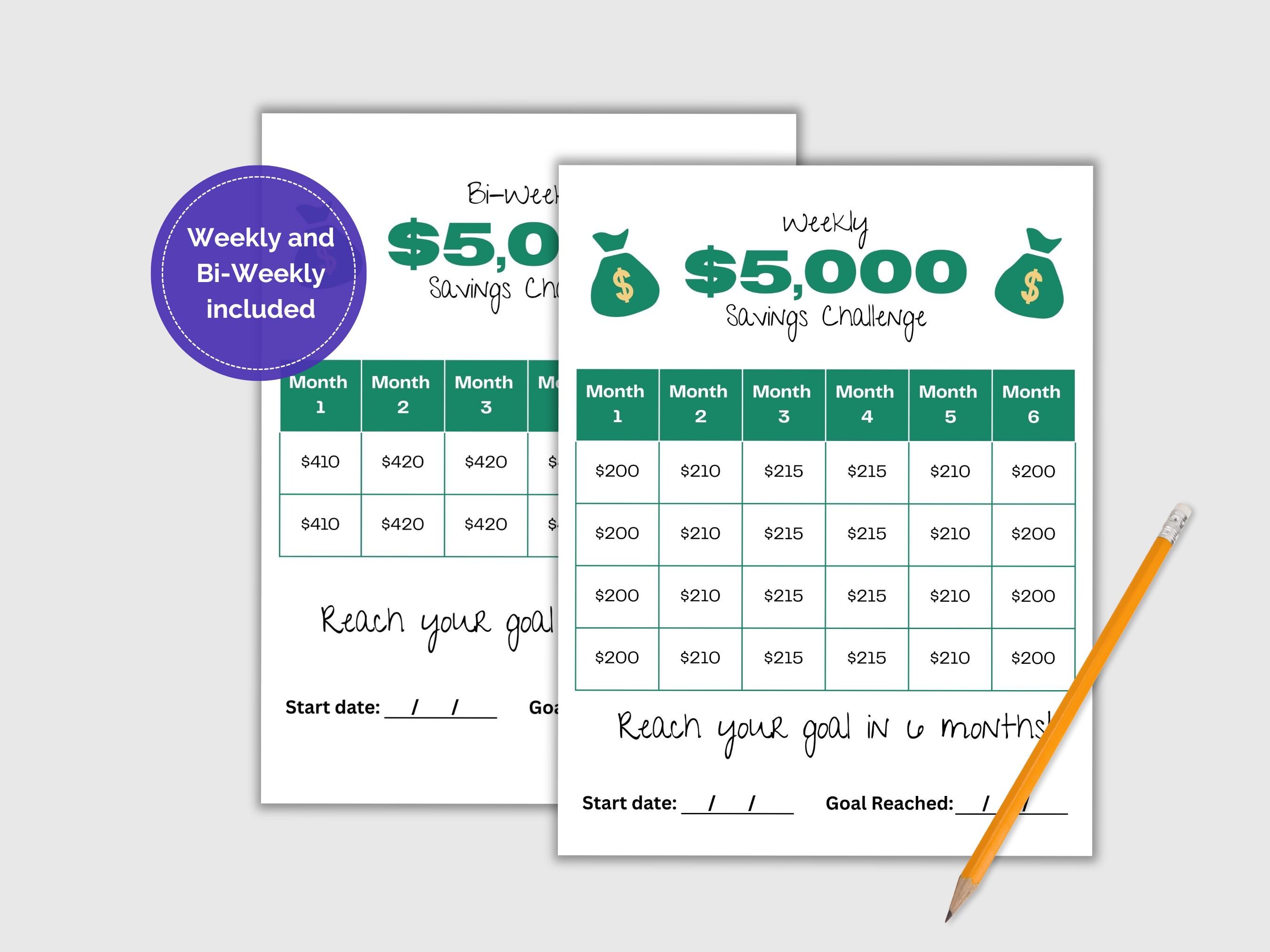 5000 6-month Savings Challenge Printable | Weekly & Biweekly Savings ...