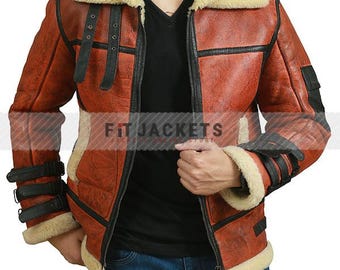 Handmade B3 RAF Brown Mens Bomber Flying Aviator Fur Irvin Real ...