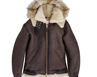 Handmade B3 RAF Brown Mens Bomber Flying Aviator Fur Irvin Real ...