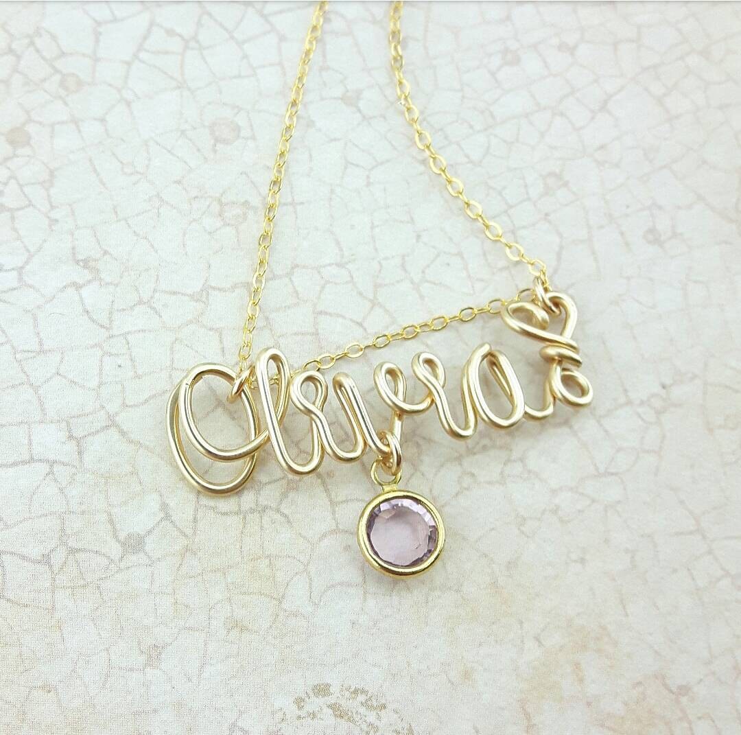 Name Necklace 14K Gold Fill, Personalized Birthstone Charm Pendant ...
