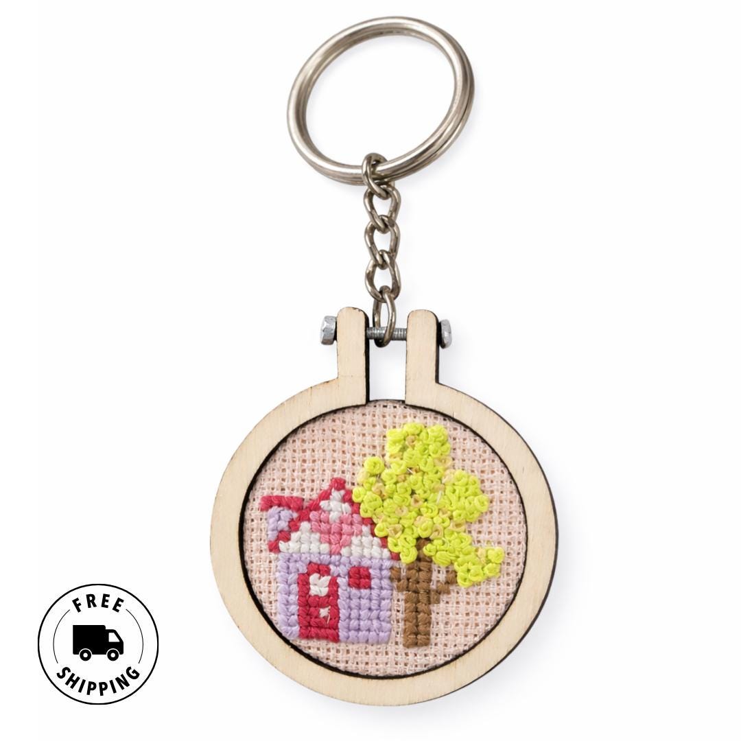 Hand Embroidered House Keychain, Mini Cross Stitch Wooden Hoop Keyring ...