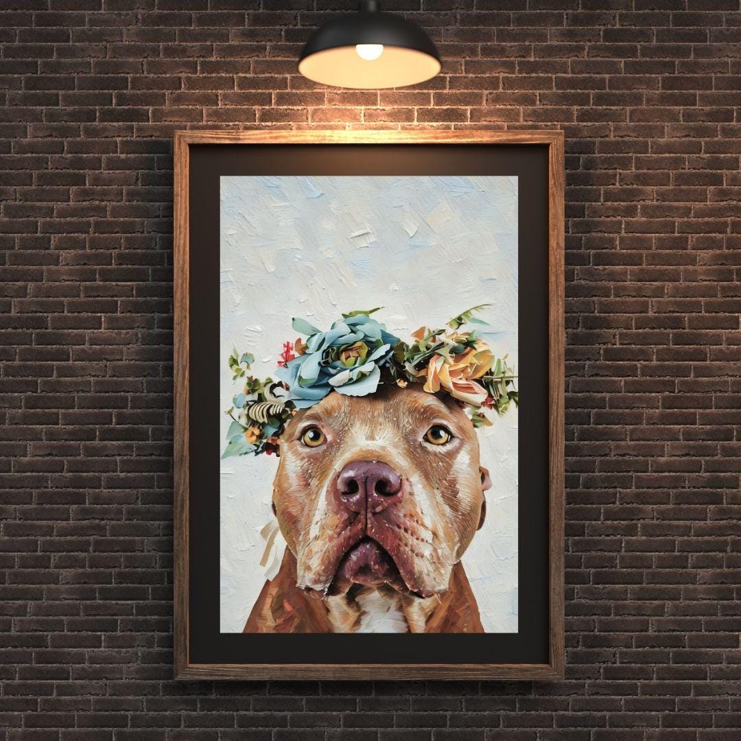 Pit Bull Wall Art Printable | Fine Art Pet Portrait | Floral Dog ...