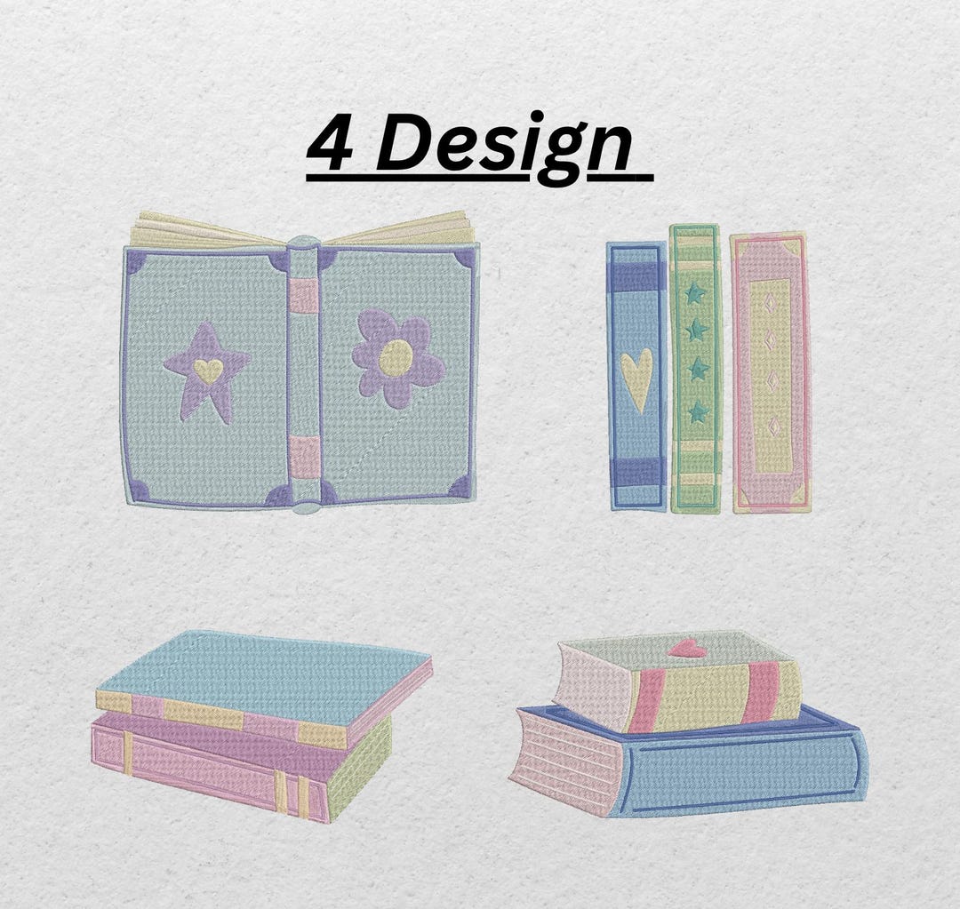 Books Embroidery Design Set – 4 Cute Book Stack Machine Embroidery ...