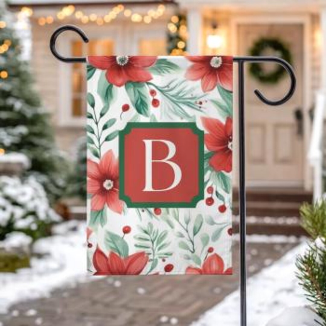 Personalized Christmas Flag | Monogram Garden Flag | Red Poinsettia ...