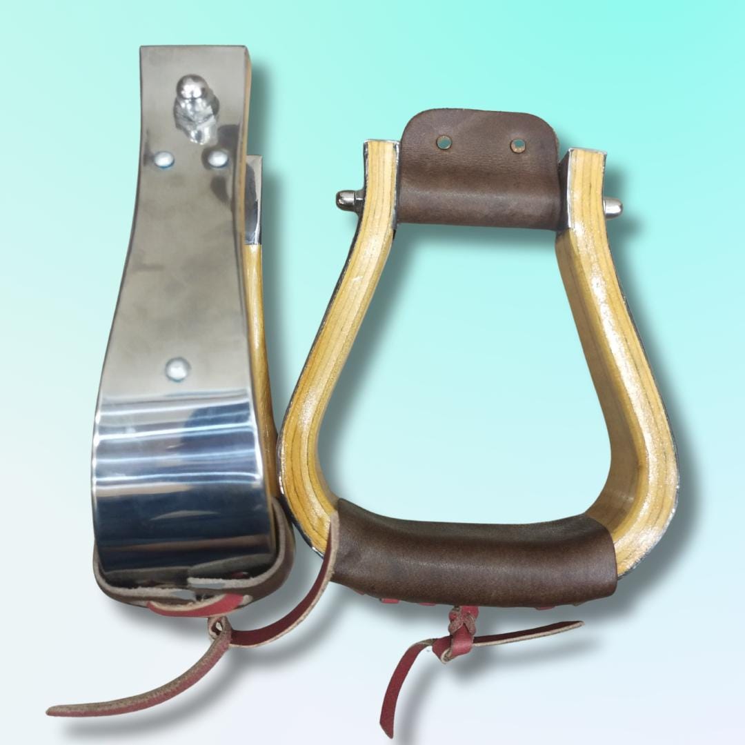 Western Wooden Stirrups With Leather Tread & Stainless Steel Plate ...