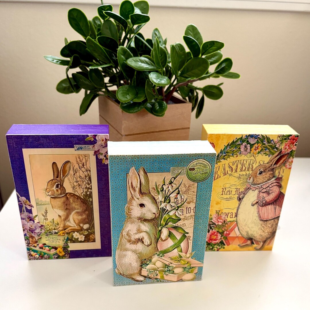 Easter Bunny Wood Blocks: Victorian Shelf Sitters, Decoupage Art - Etsy