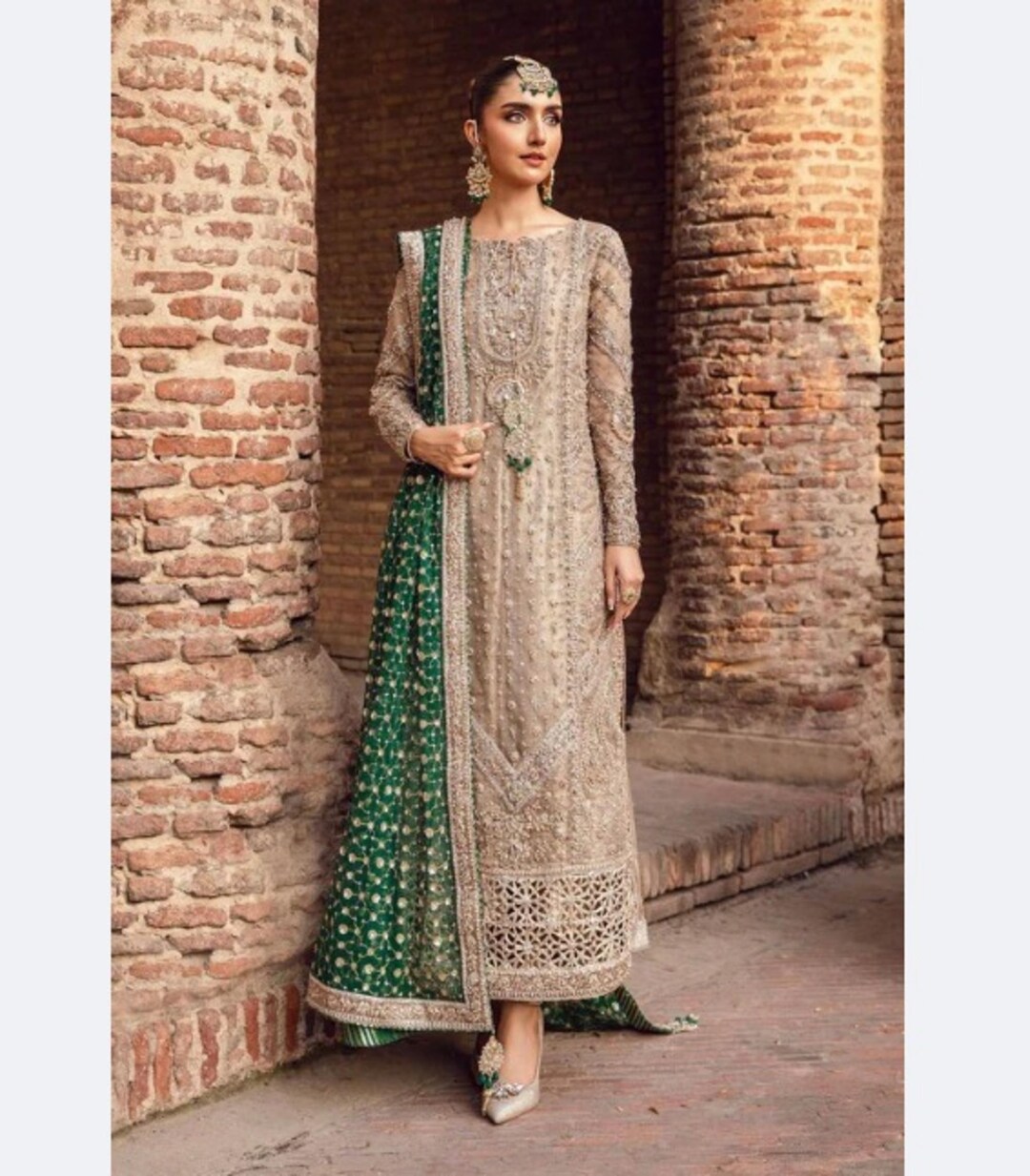 Handmade Beige Pakistani Wedding Suit: Stone & Pearl Embroidery - Etsy