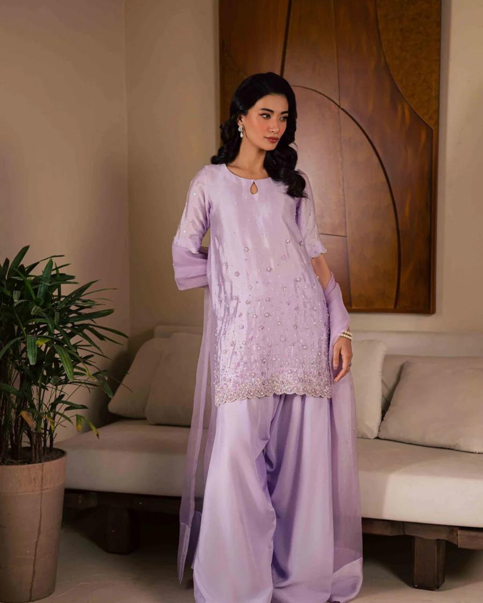 Handmade Raw Silk Farshi Shalwar Kameez: Silver 3D Flowers Wedding ...
