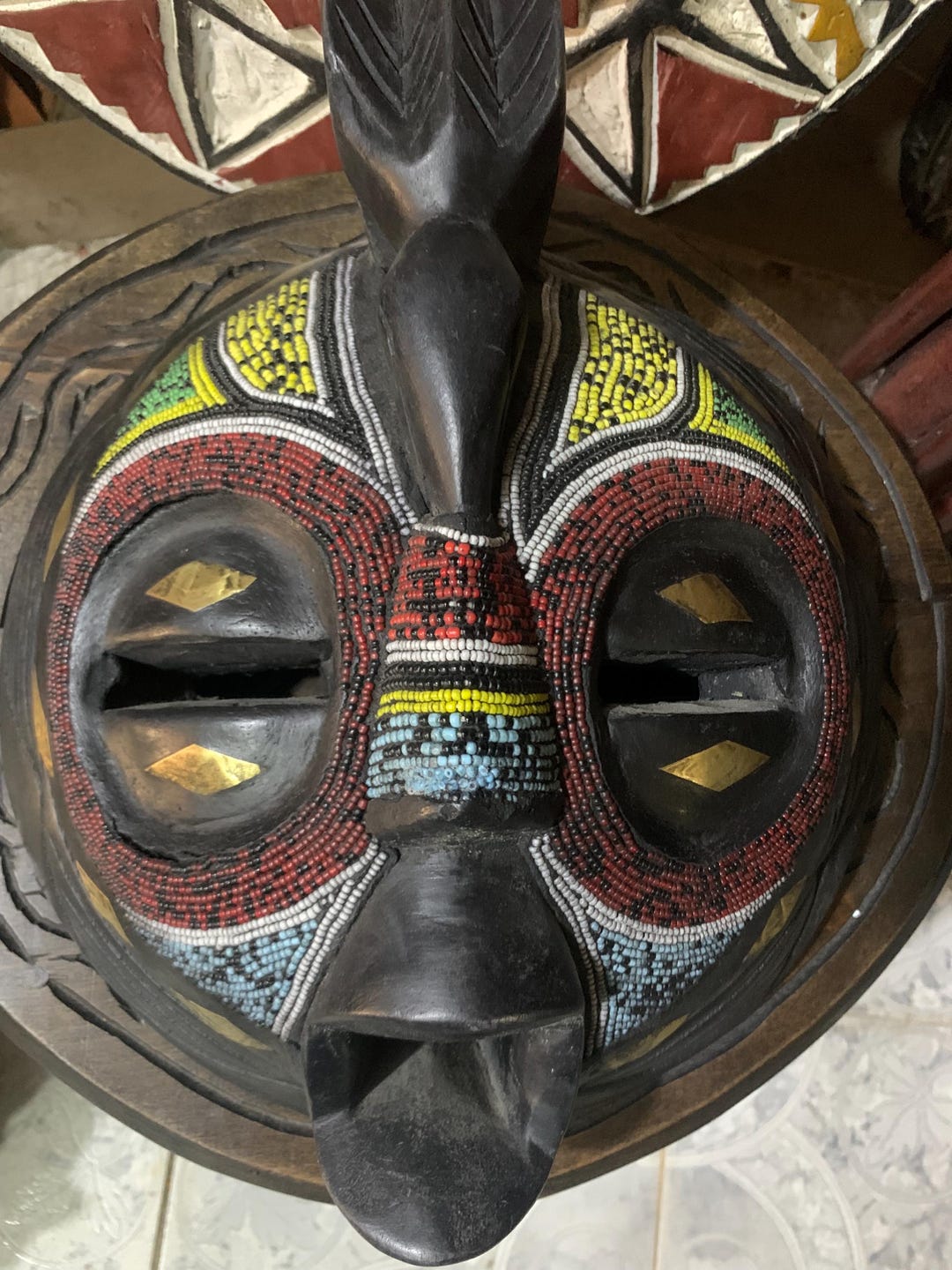 African Baluba Mask, Metallic African Wall Art, Beaded Gold Tribal Mask ...