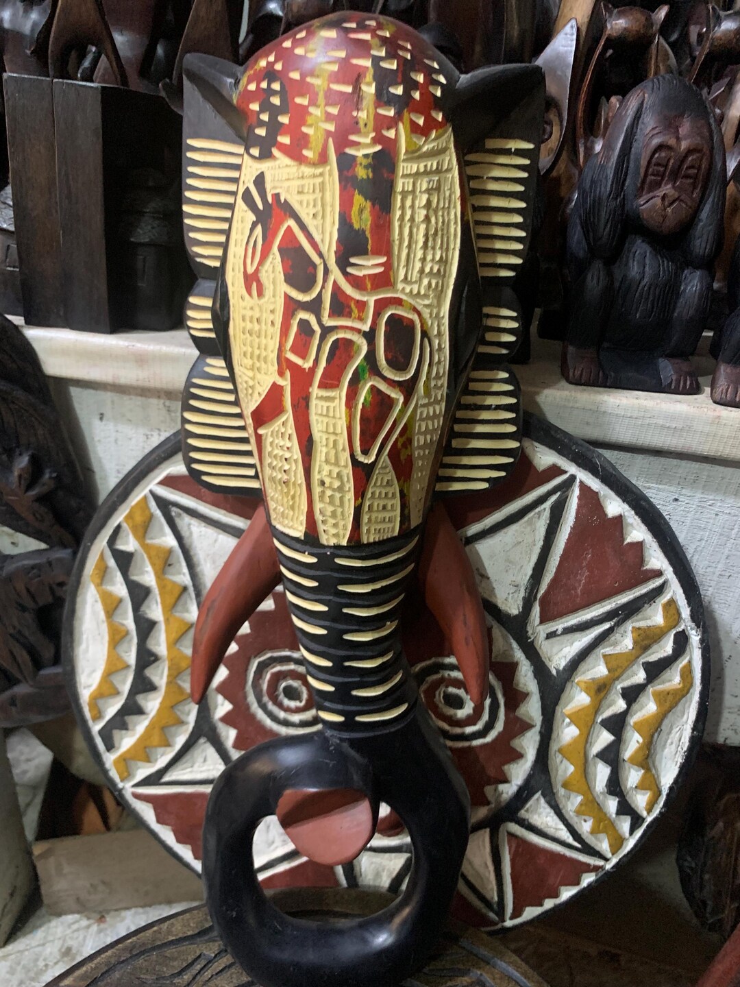 African Egungun Trunk Wall Hanging, Wooden Elephant With Masks, Tribal ...