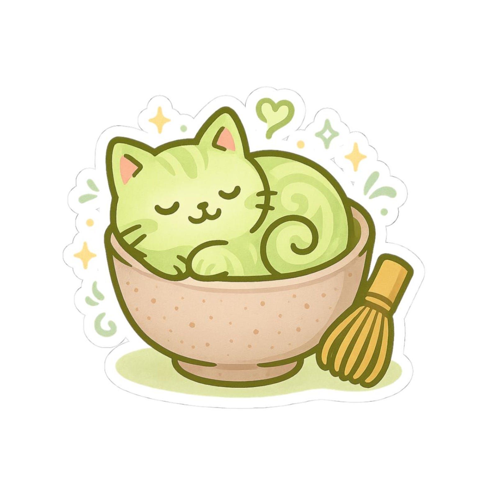 Matcha Cat Sticker | Kawaii Tea Time Sticker | Cozy Green Cat in Bowl ...
