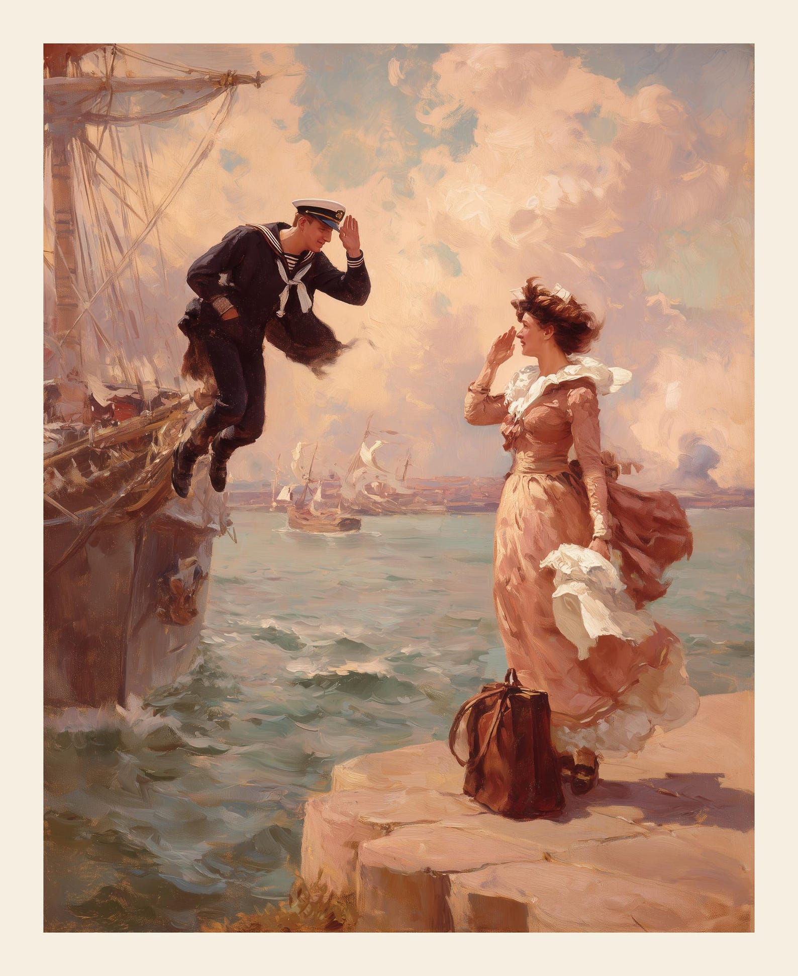 Romantic Sailor Farewell Oil Painting – Vintage Maritime Love Scene ...