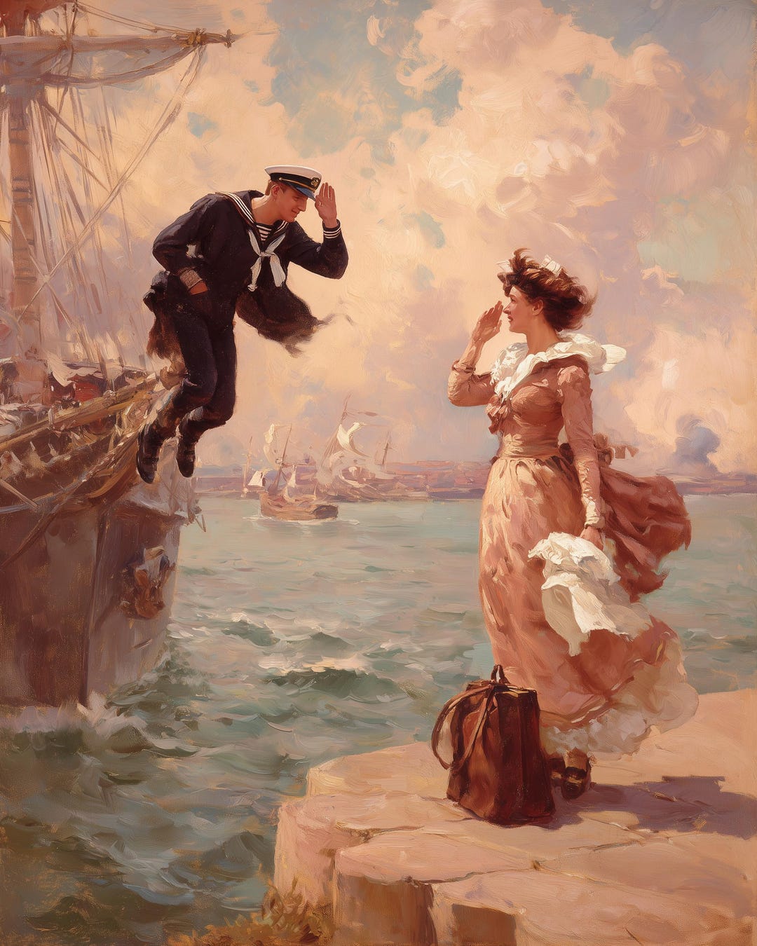 Romantic Sailor Farewell Oil Painting – Vintage Maritime Love Scene ...