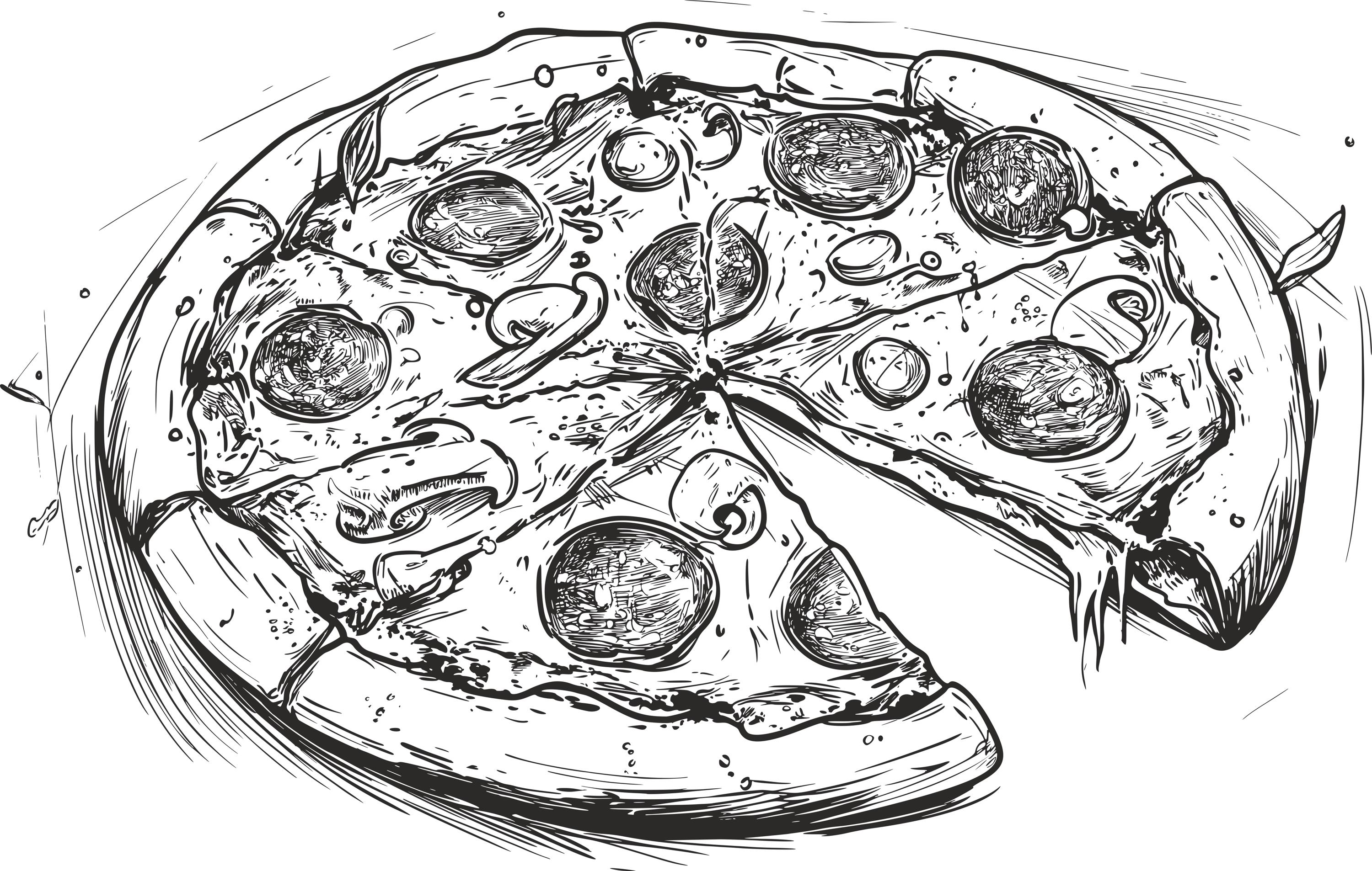 Vintage Pizza Sketch – Hand-drawn Black and White Line Art for ...