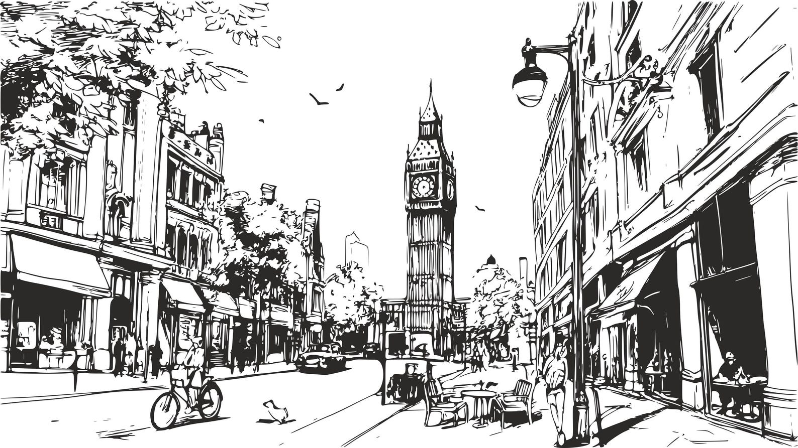 London Big Ben Ink Drawing – Decorative Skyline Print, Black & White ...
