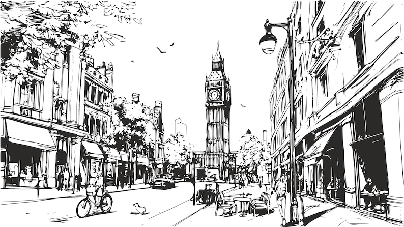 London Big Ben Ink Drawing – Decorative Skyline Print, Black & White ...