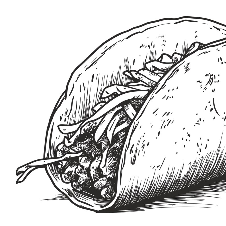 Gourmet Taco Line Drawing – Hand Drawn Mexican Food Illustration ...