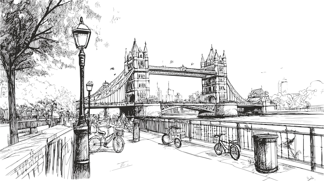 Tower Bridge Line Art – Hand Drawn Black and White London Sketch ...