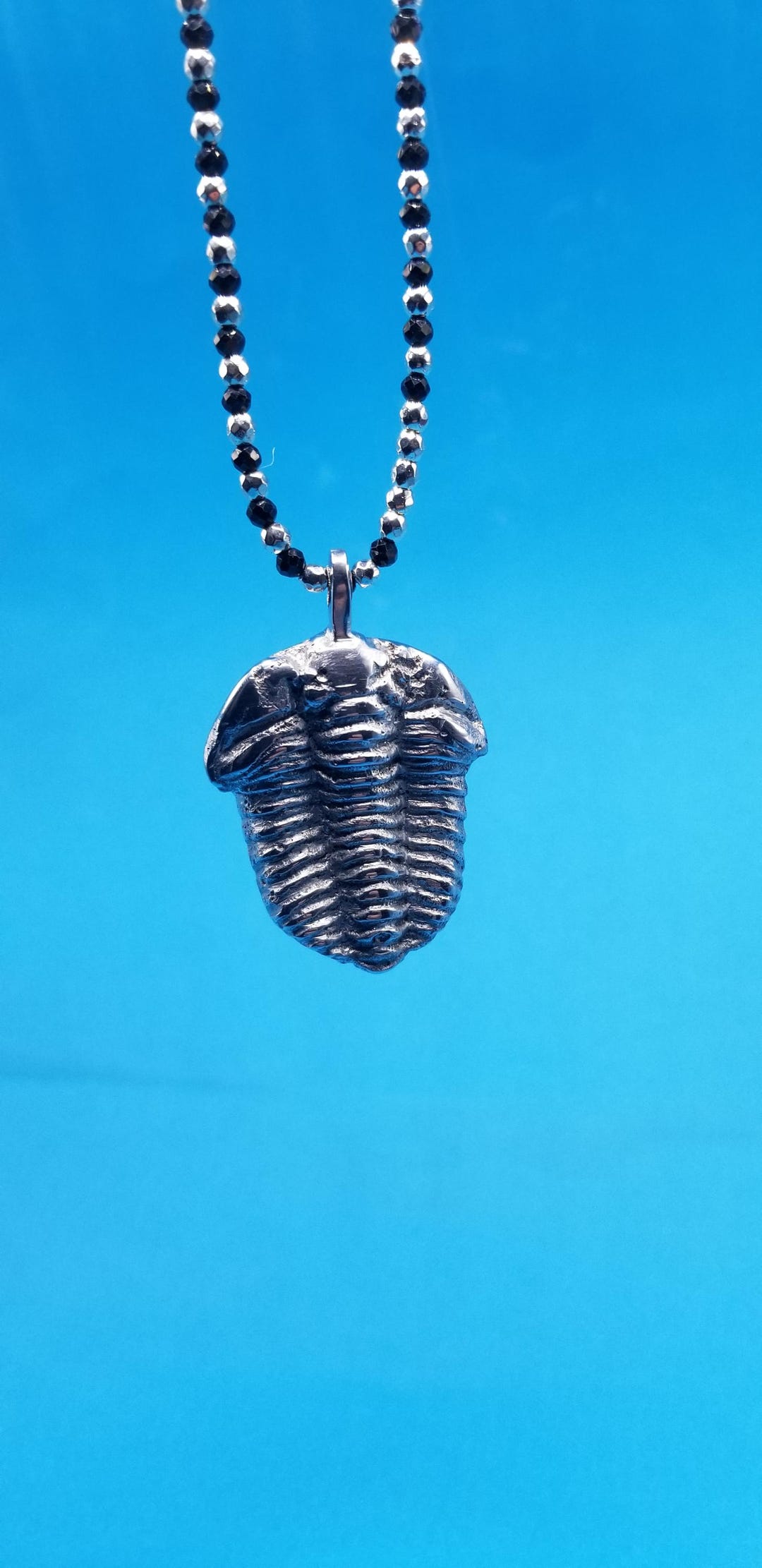 Zinc Trilobite Necklace | Hand-forged Pendant With Black Spinel Beads ...