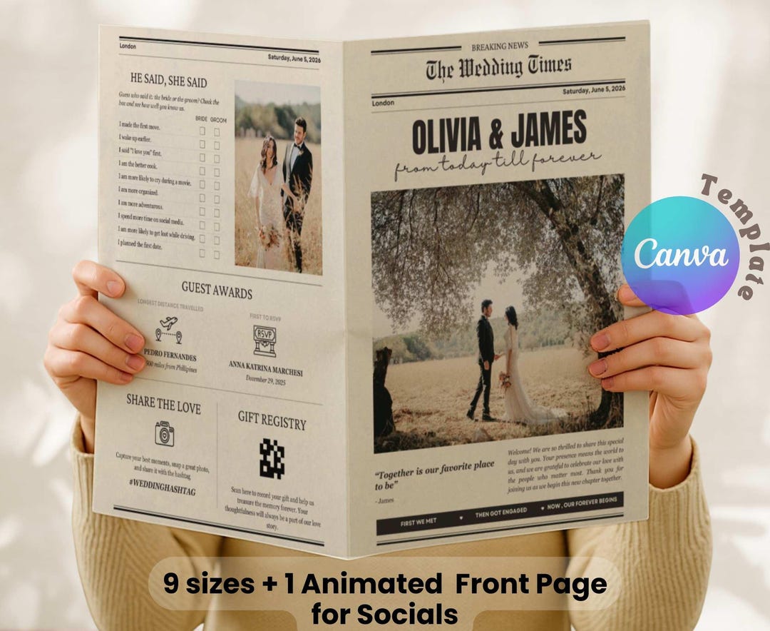 Wedding Newspaper Program Template Canva | Folded Printable Wedding ...