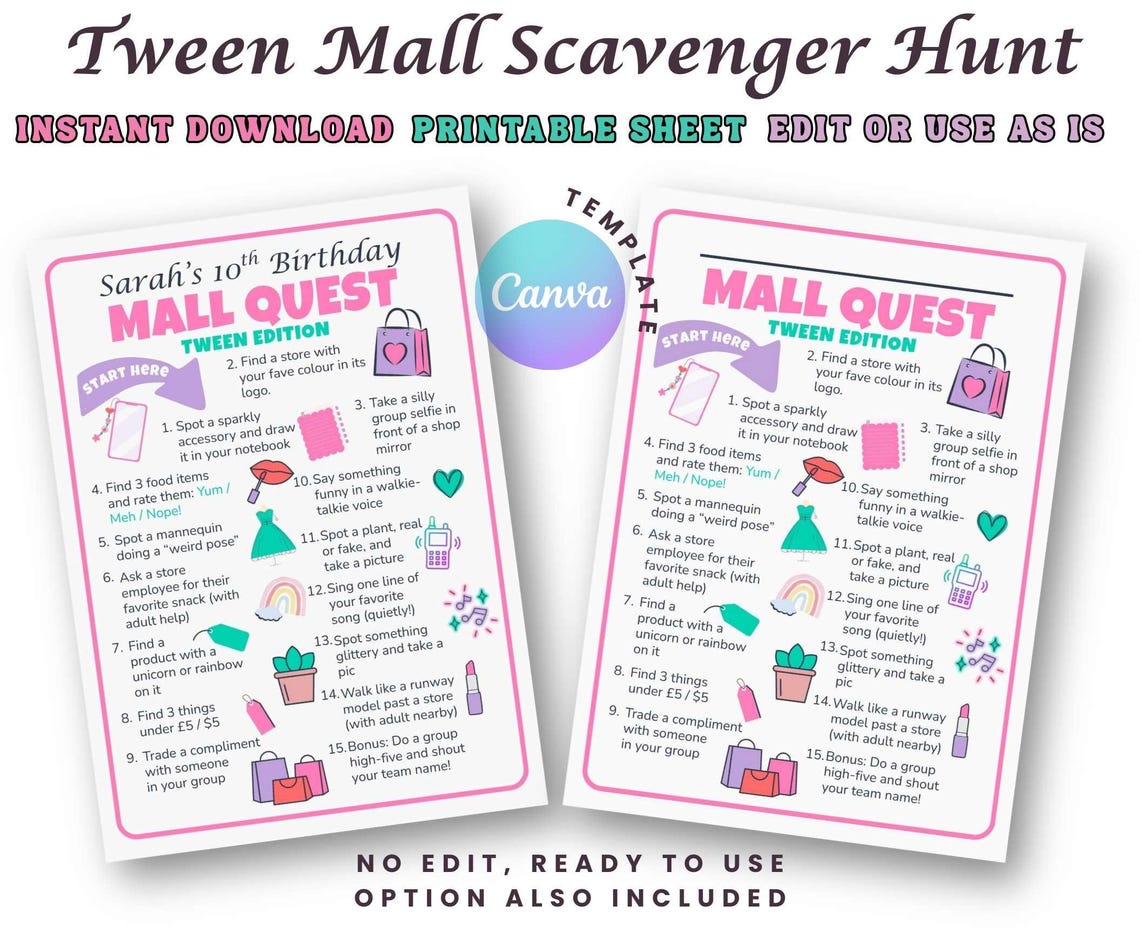 Tween Mall Scavenger Hunt Game: Birthday Party Activity (canva Template ...