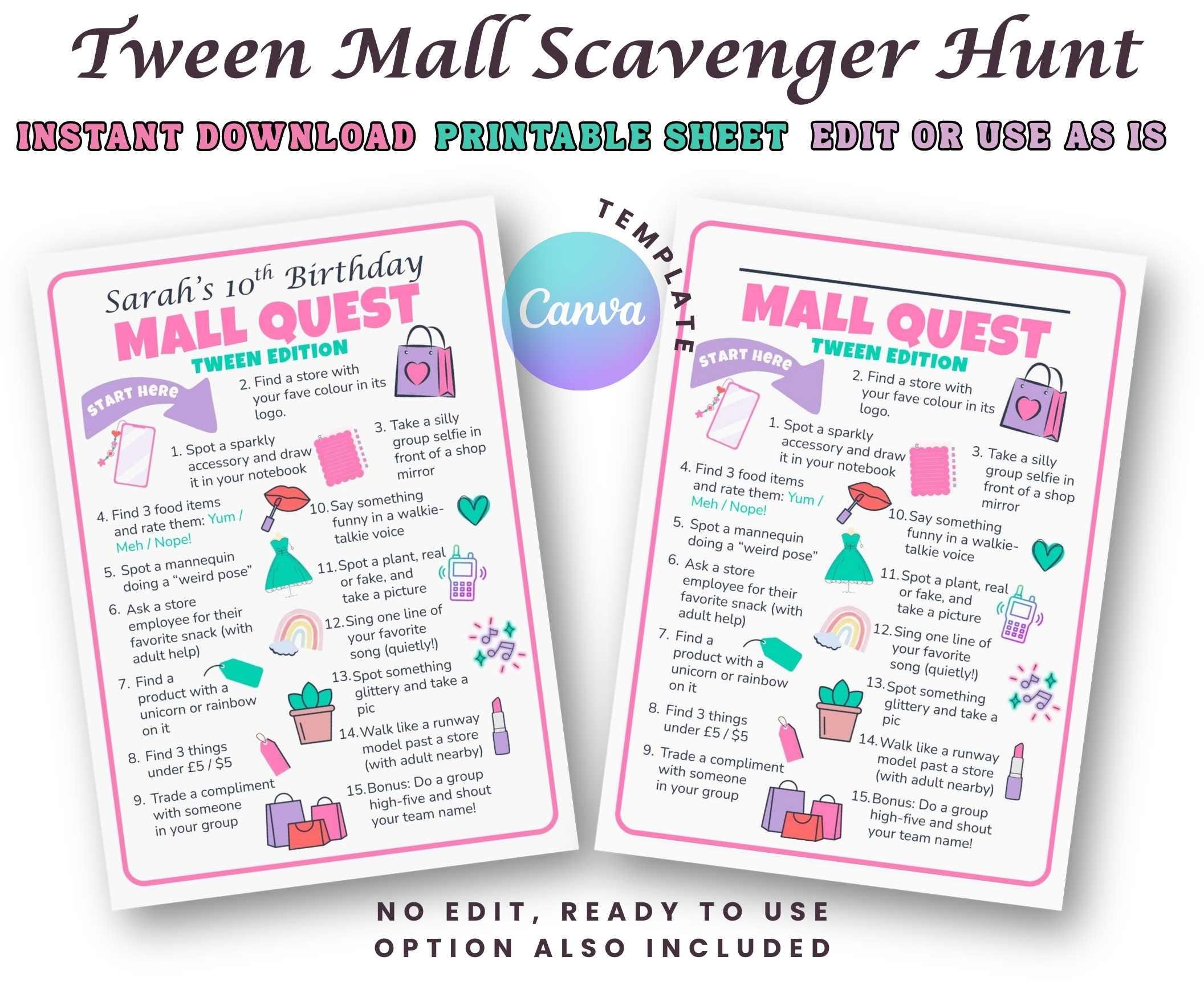 Tween Mall Scavenger Hunt Game: Birthday Party Activity (canva Template ...