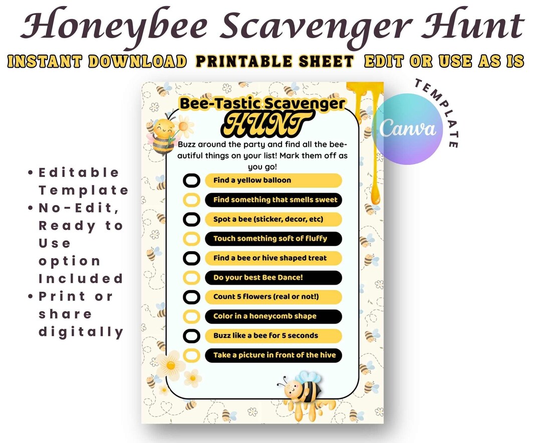 Honey Bee Birthday Scavenger Hunt for Kids | Printable Party Game for ...