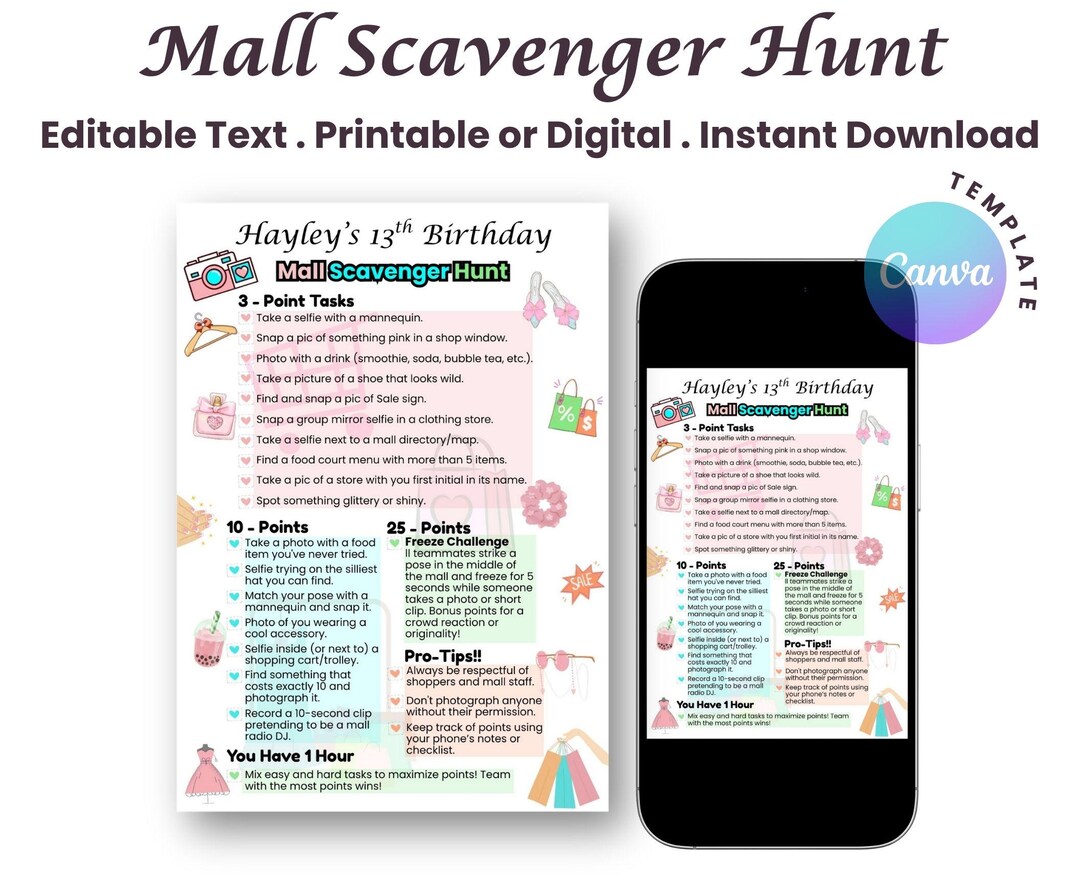 Mall Scavenger Hunt - Teen Birthday Party Game (printable & Editable ...