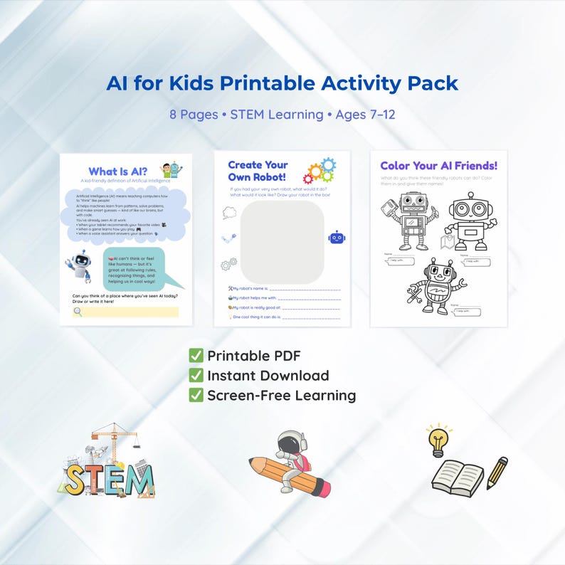 STEM Activity Pack for Kids | AI Learning Worksheets | 8 Printable ...