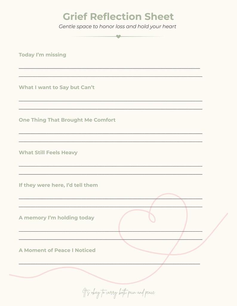 Grief Reflection Sheet – Printable Healing Journal Page for Loss ...
