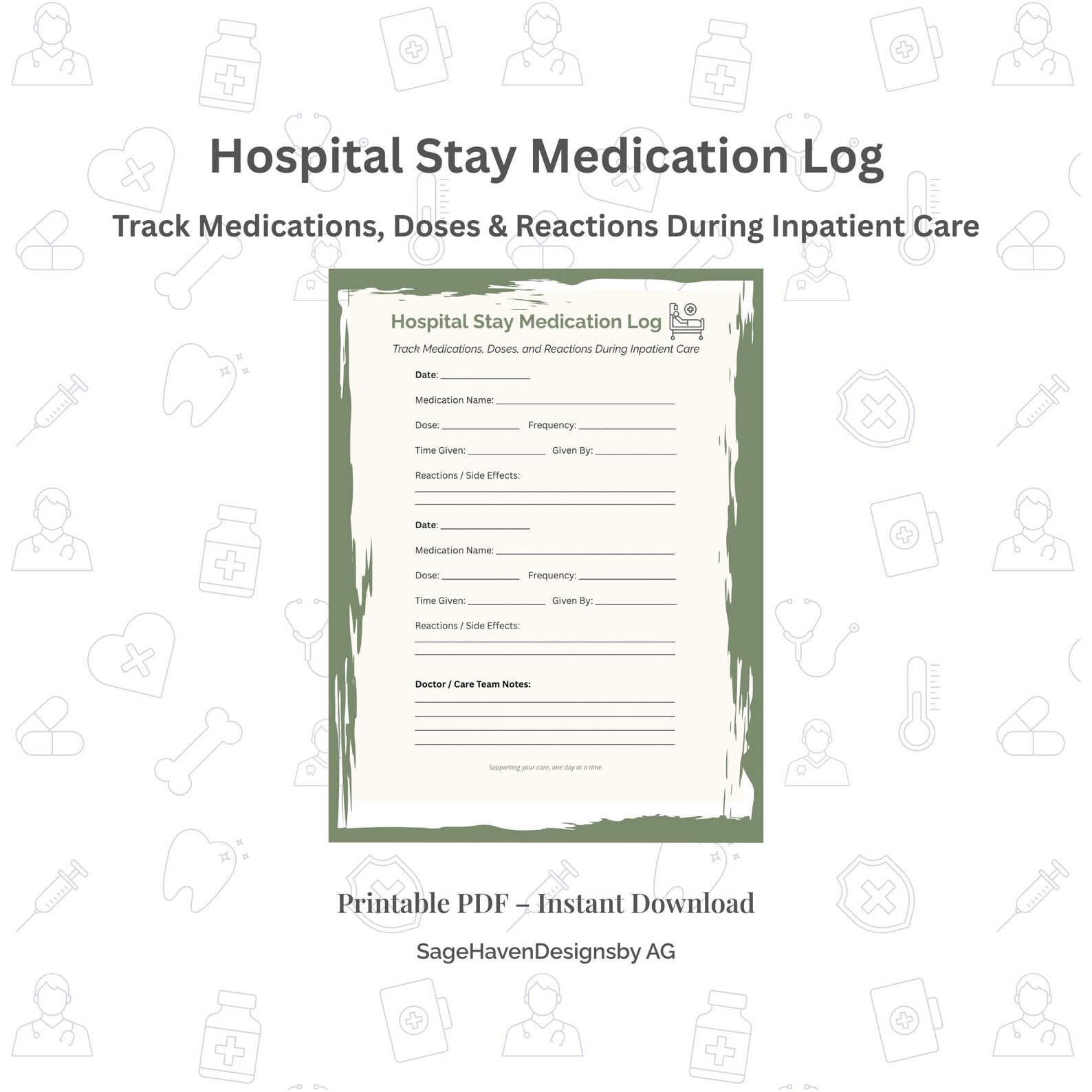 Hospital Stay Medication Log Printable, Inpatient Med Tracker for ...