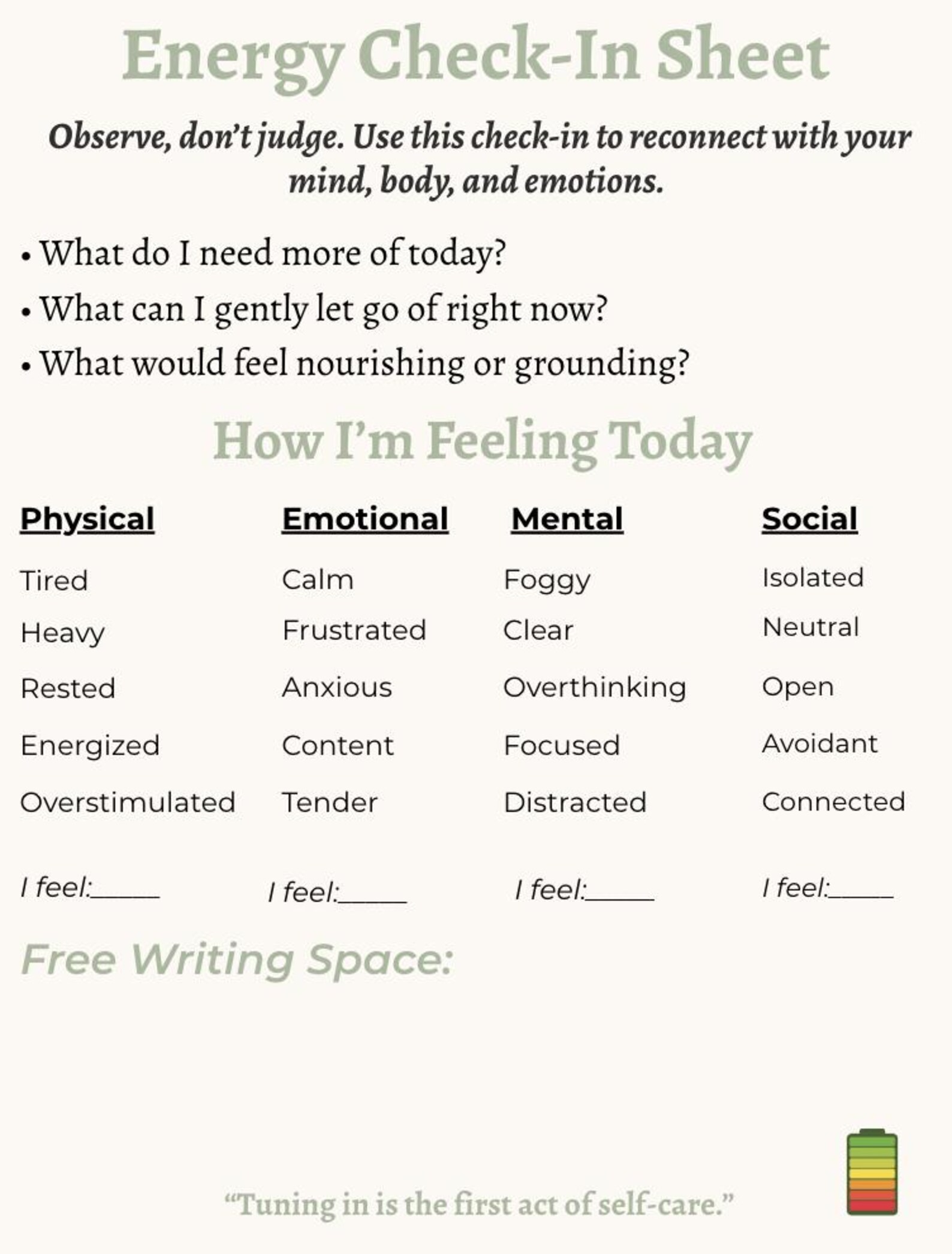 Energy Check-in Printable – Daily Mindfulness + Nervous System Tracker ...