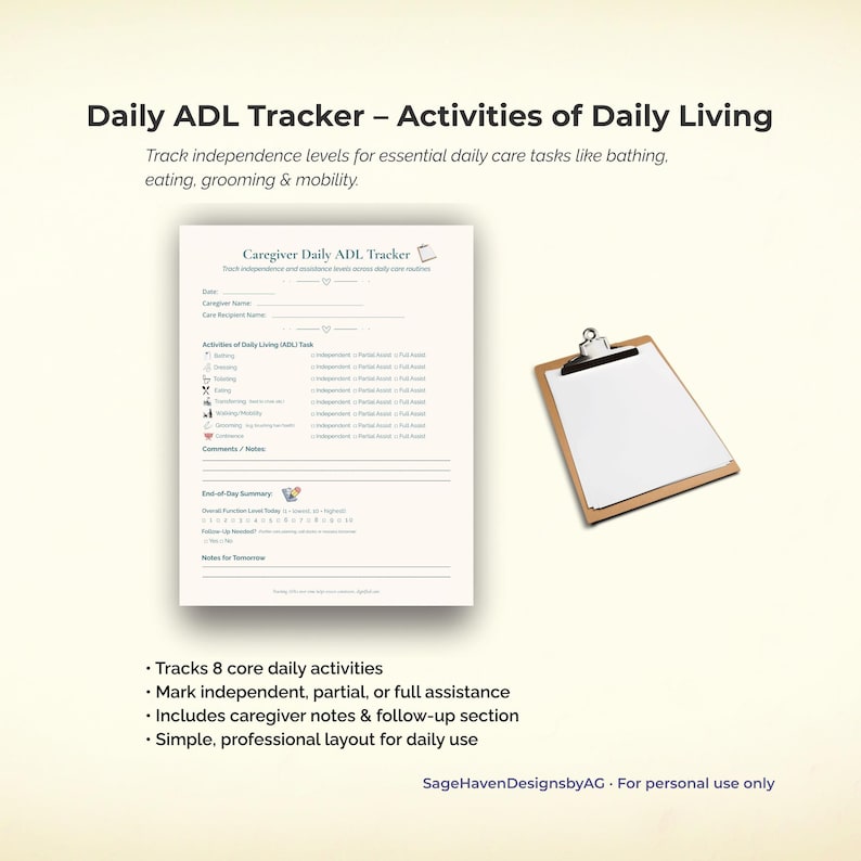 Caregiver Daily ADL Tracker – Printable PDF to Track Bathing, Dressing ...