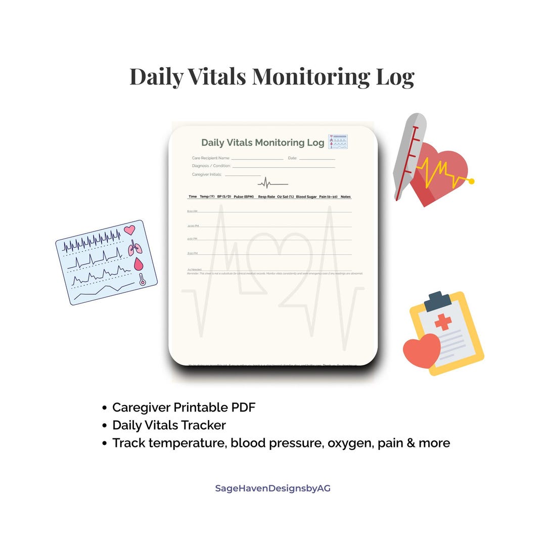 Daily Vitals Tracker Printable | Caregiver Log for Temp, BP, Pulse ...