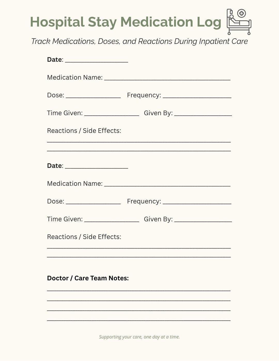 Hospital Stay Medication Log: Caregiver Inpatient Med Tracker (PDF ...