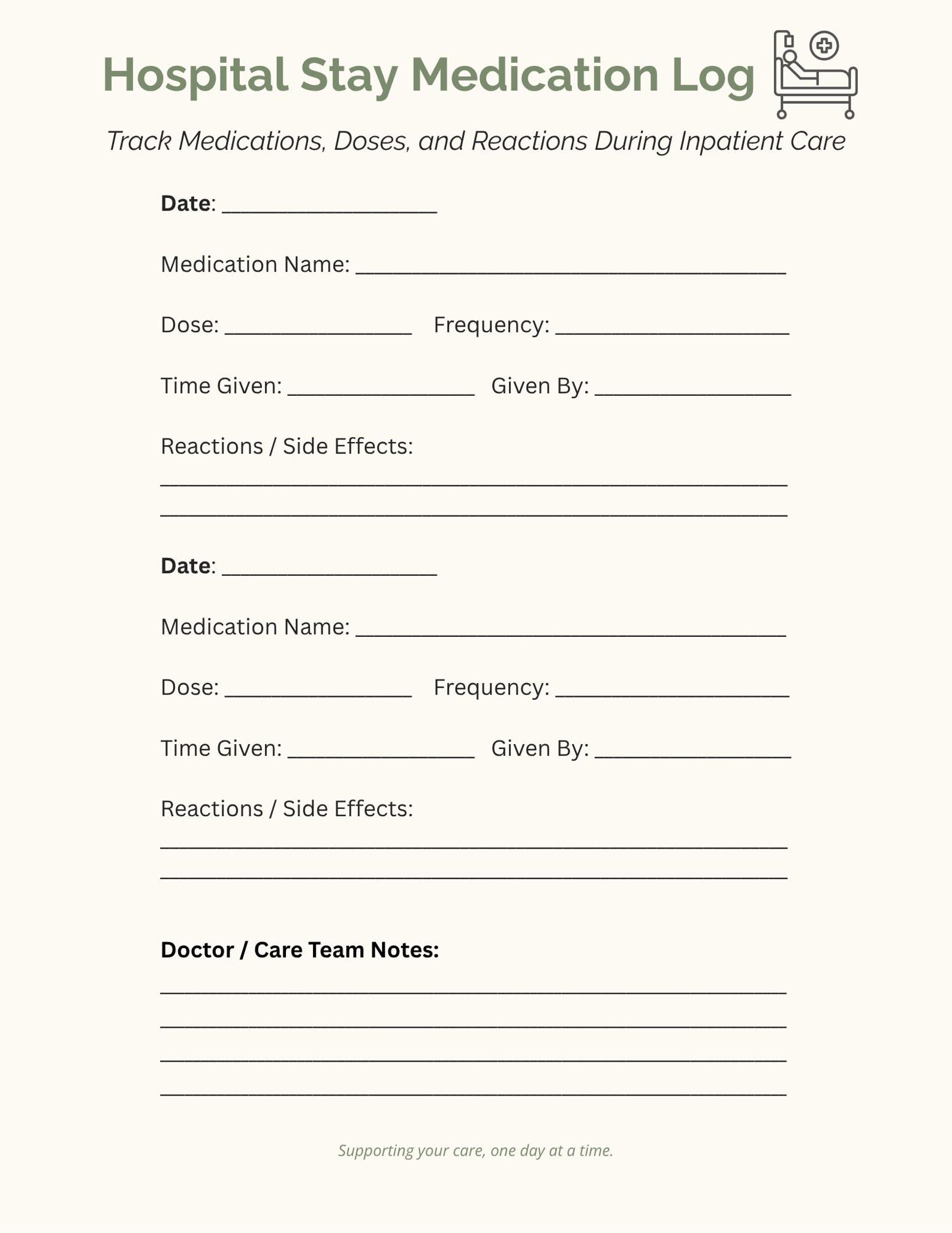 Hospital Stay Medication Log: Caregiver Inpatient Med Tracker (PDF ...