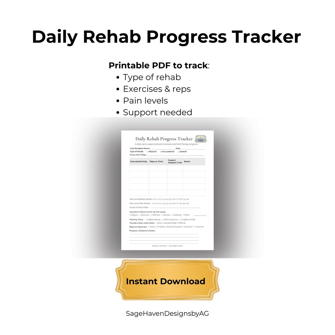 Daily Rehab Progress Tracker Printable – Physical Therapy & OT Recovery ...