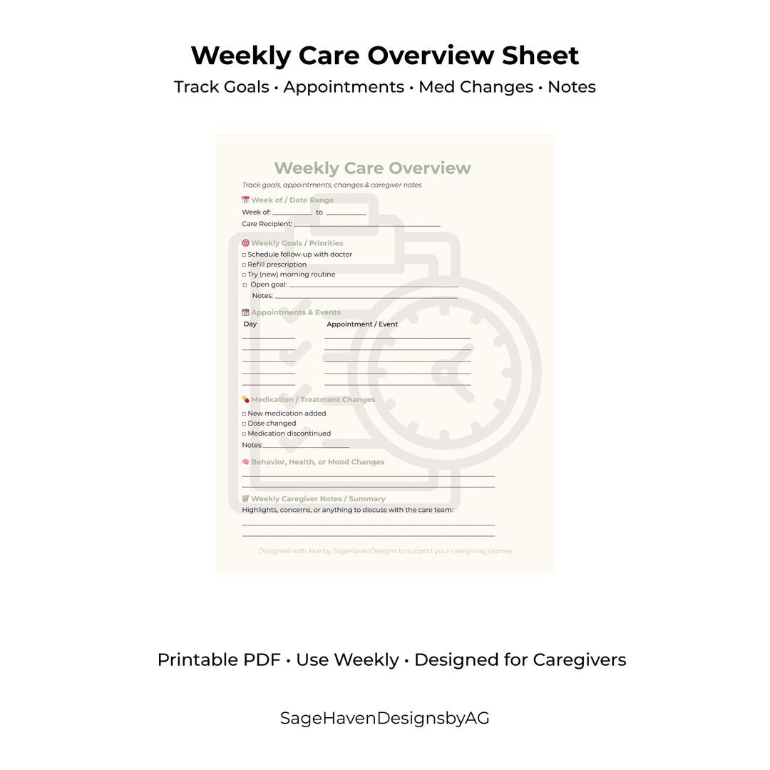 Weekly Care Overview Sheet – Printable Caregiver PDF for Planning ...