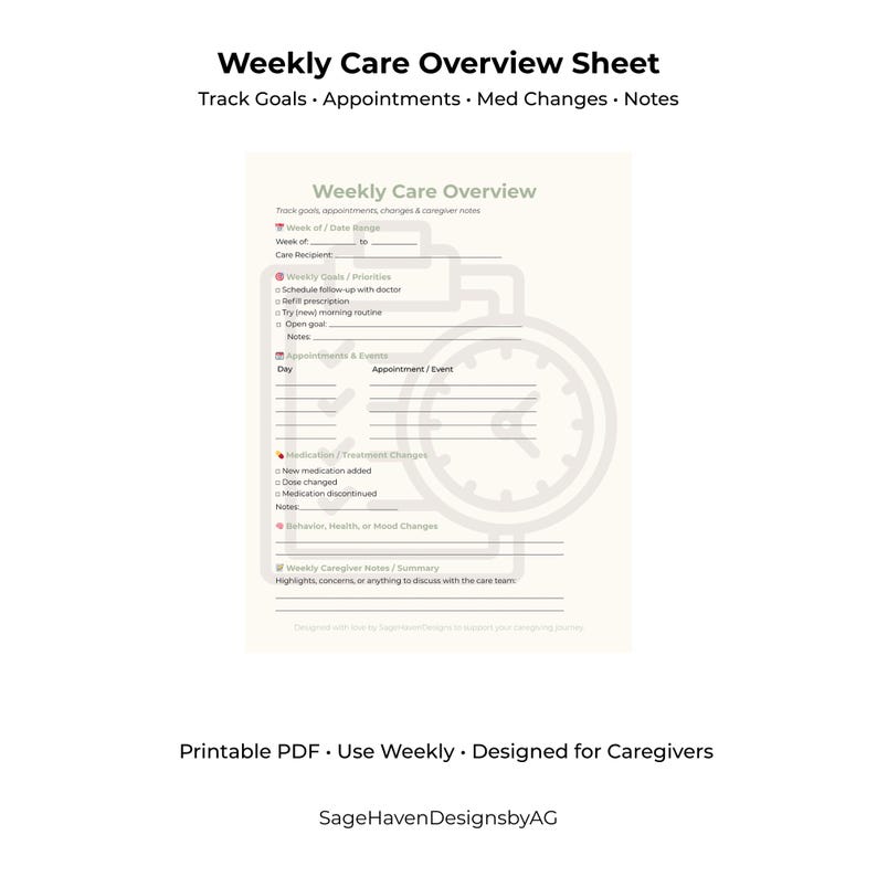 Weekly Care Overview Sheet – Printable Caregiver PDF for Planning ...
