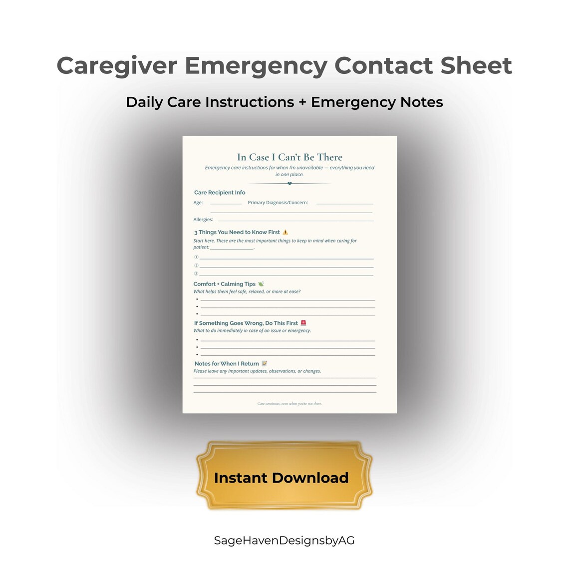 Caregiver Instructions Printable: Emergency & Daily Tasks PDF - Etsy