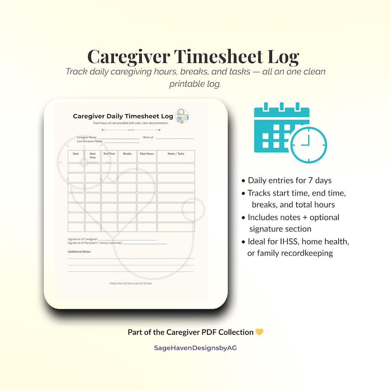Caregiver Timesheet Log – Printable Daily PDF to Track Hours, Breaks ...